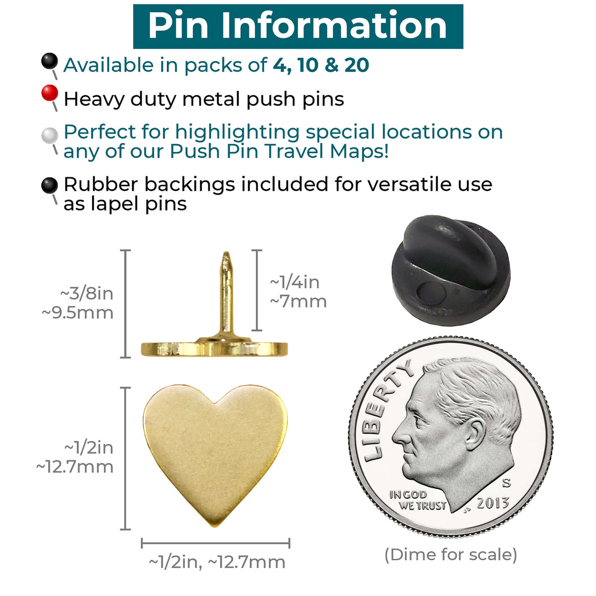 Metal Heart Push Pins - Heart Map Pins - Silver, Gold & Red Heart Pins ...