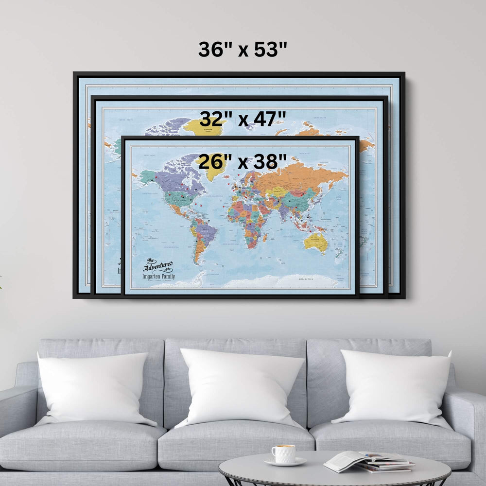 Canvas Blue Oceans Map | Framed World Wall Map with Pins – Push Pin ...