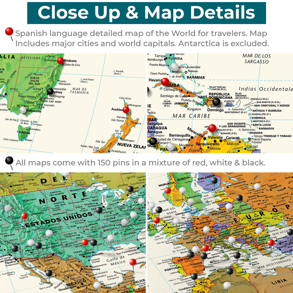 Framed SPANISH LANGUAGE World Map | World Travel Pin Map in Spanish ...