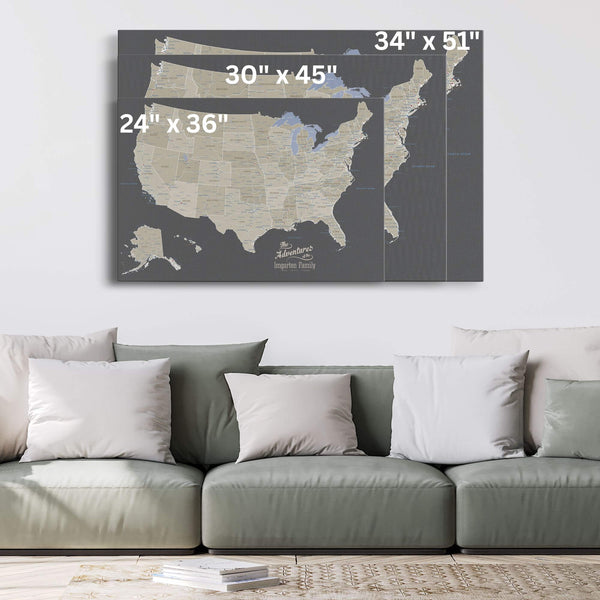 Earth Toned US Map with Pins | Gallery Canvas Print | U.S. Travel Map ...