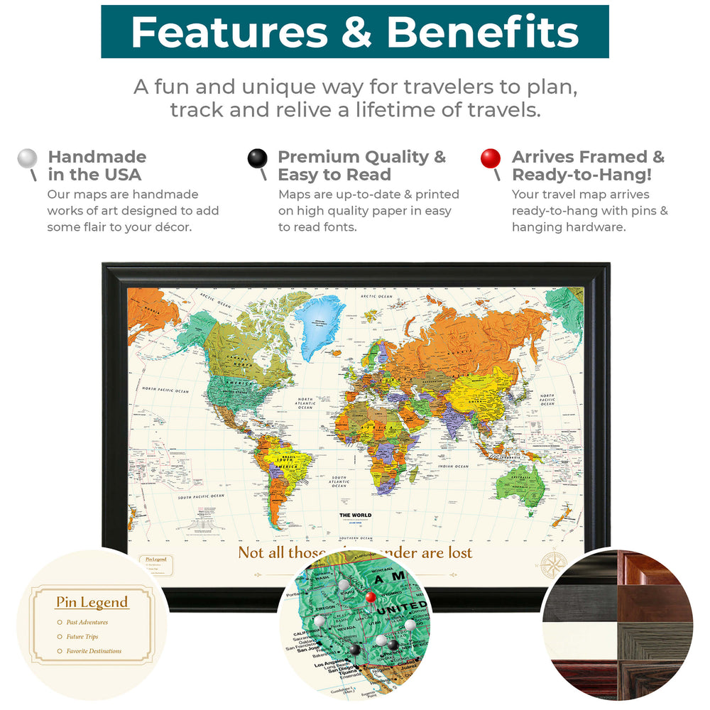 Framed Contemporary Style World Map | Modern Push Pin Travel Map – Push ...