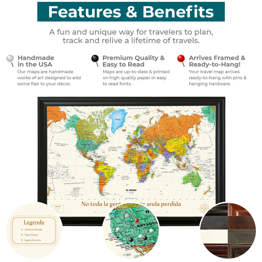 Framed SPANISH LANGUAGE World Map | World Travel Pin Map in Spanish ...