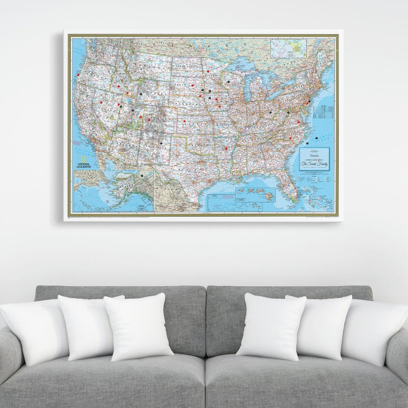 Gallery Wrapped Canvas Map of USA | Classic Canvas Wall Map – Push Pin ...