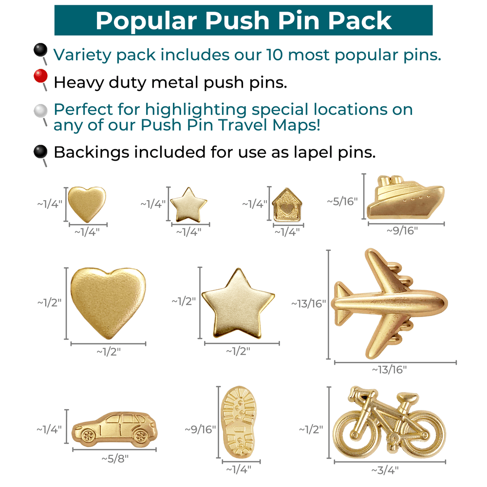 Popular Push Pin Pack - Set of 10 Assorted Pins - Gold Or Silver – Push ...
