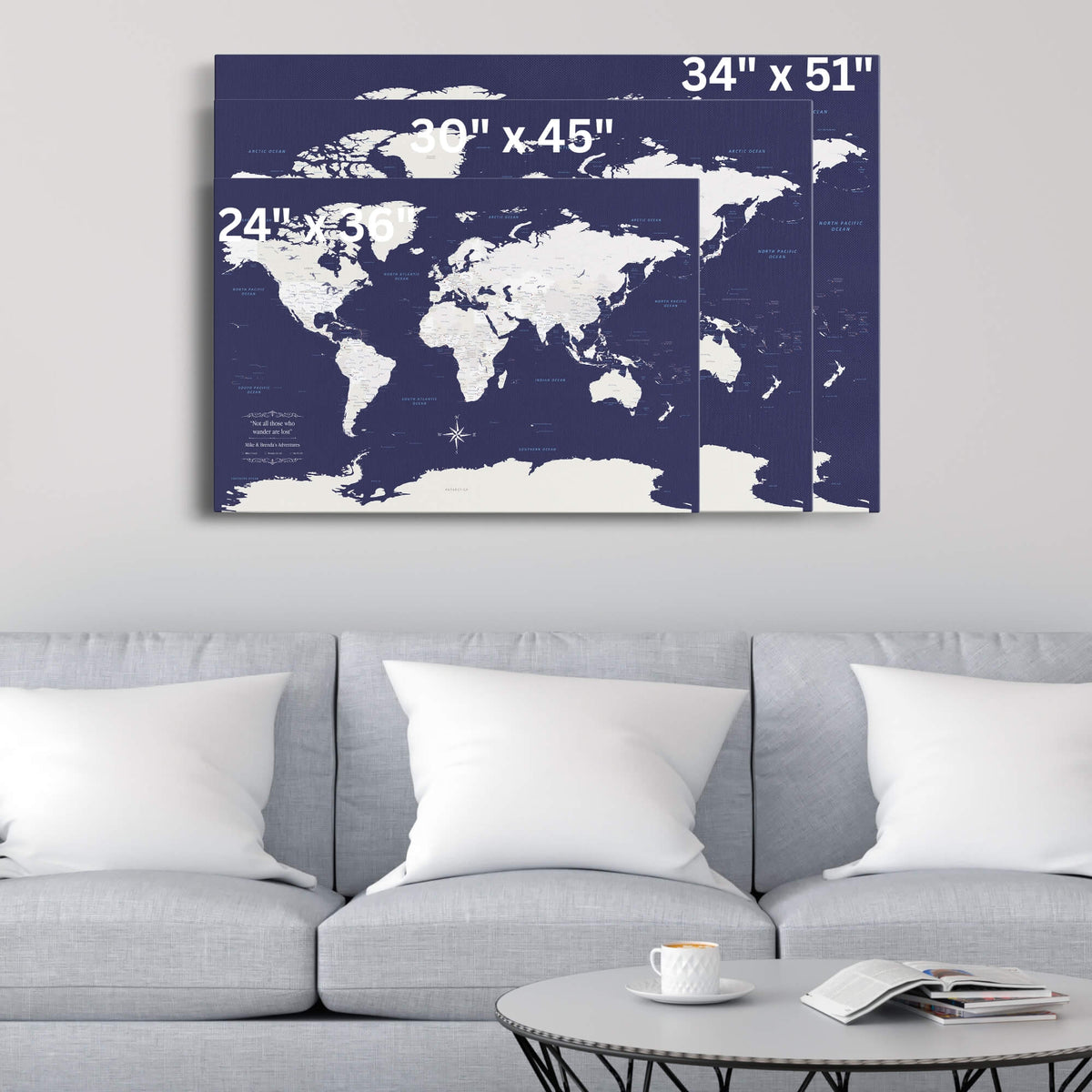 Canvas Navy Blue World Map | Frameless Canvas Wall Map – Push Pin ...