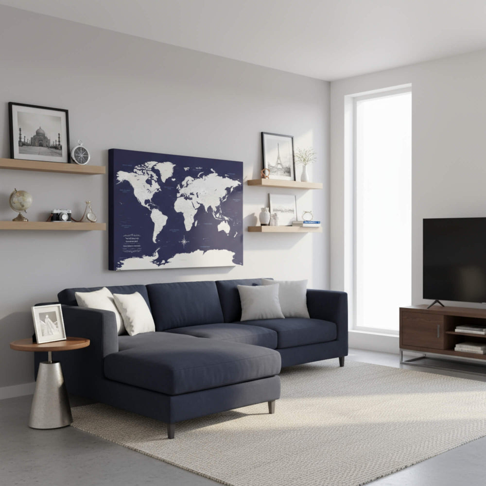 Canvas Navy Blue World Map | Frameless Canvas Wall Map – Push Pin ...