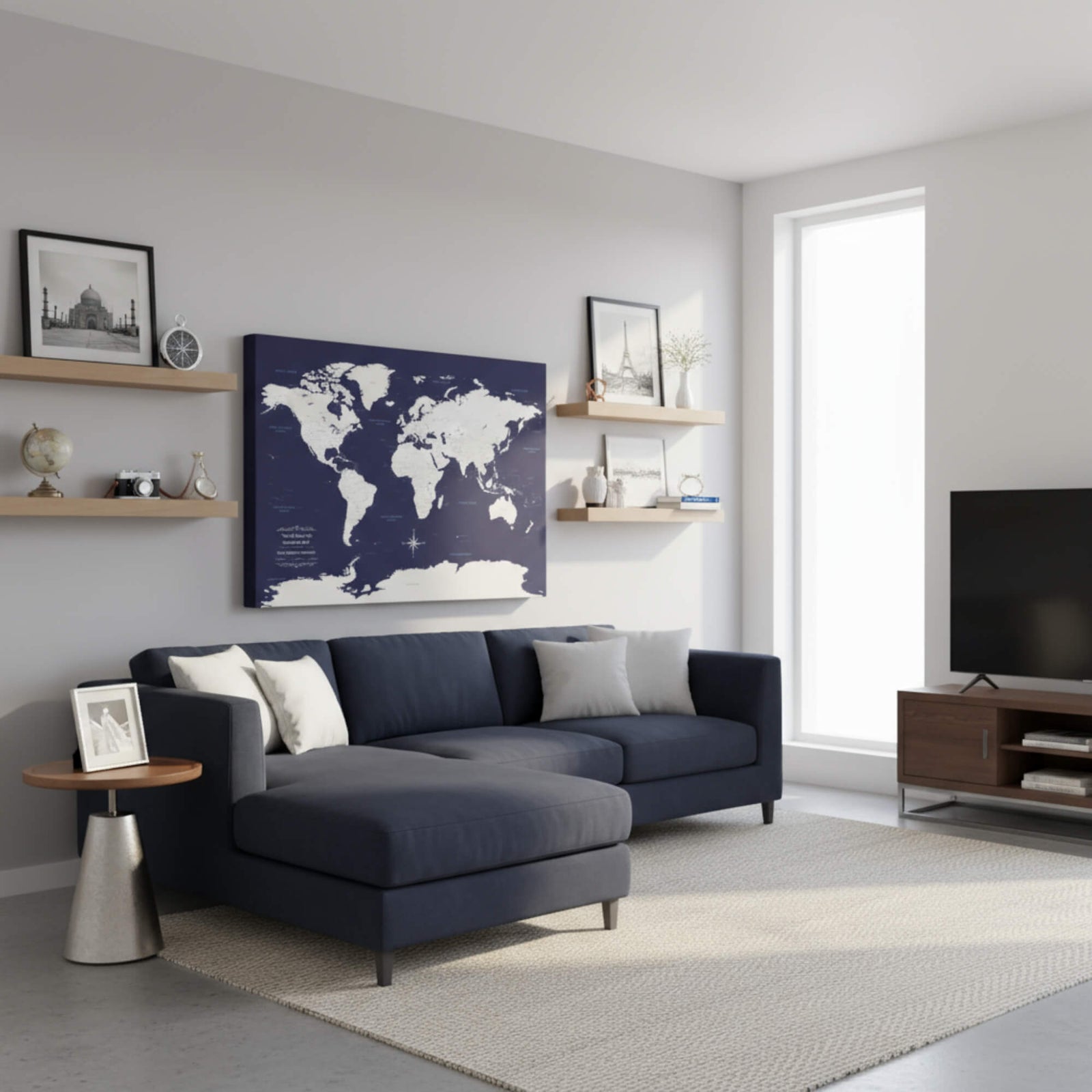Canvas Navy Blue World Map | Frameless Canvas Wall Map – Push Pin ...