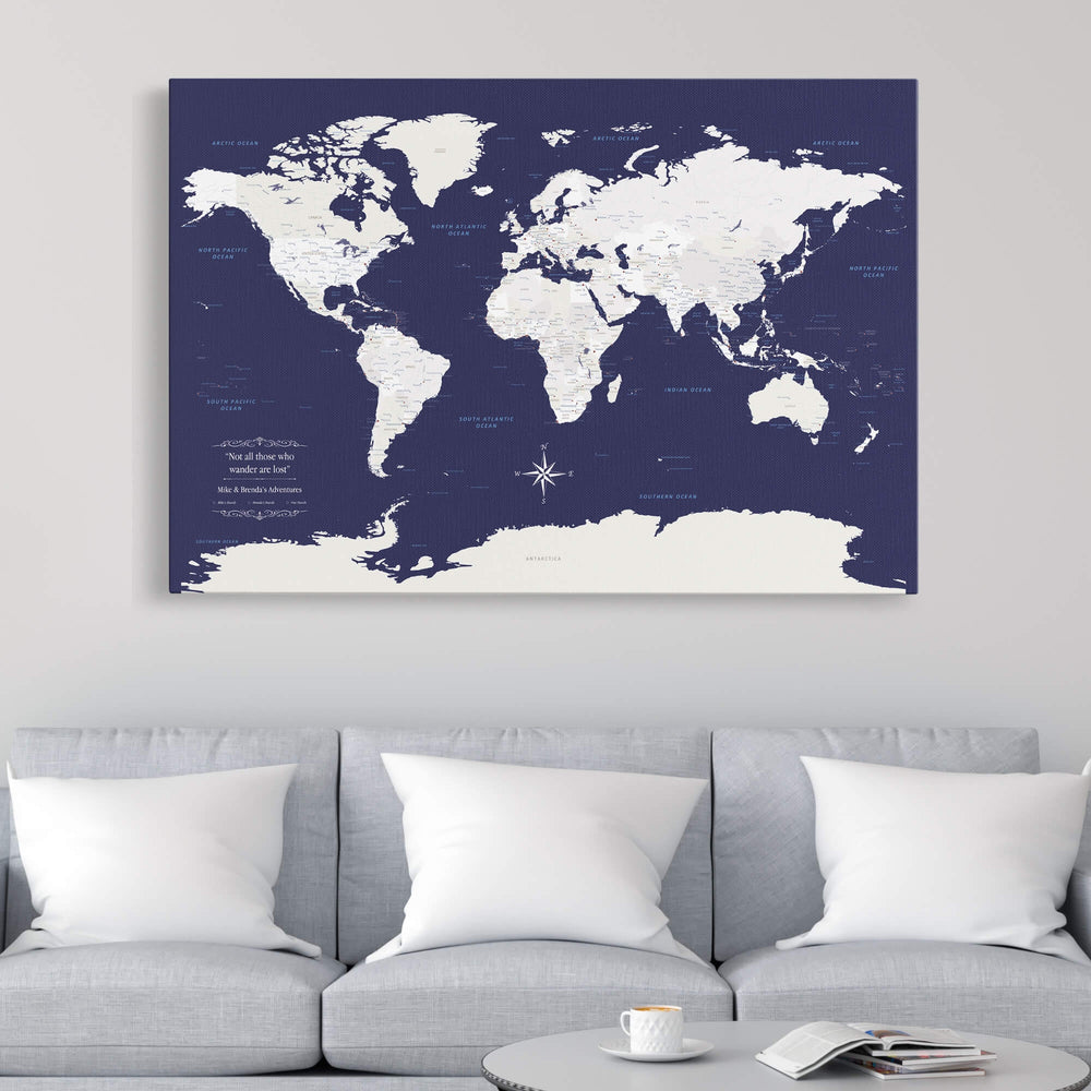 Canvas Navy Blue World Map | Frameless Canvas Wall Map – Push Pin ...