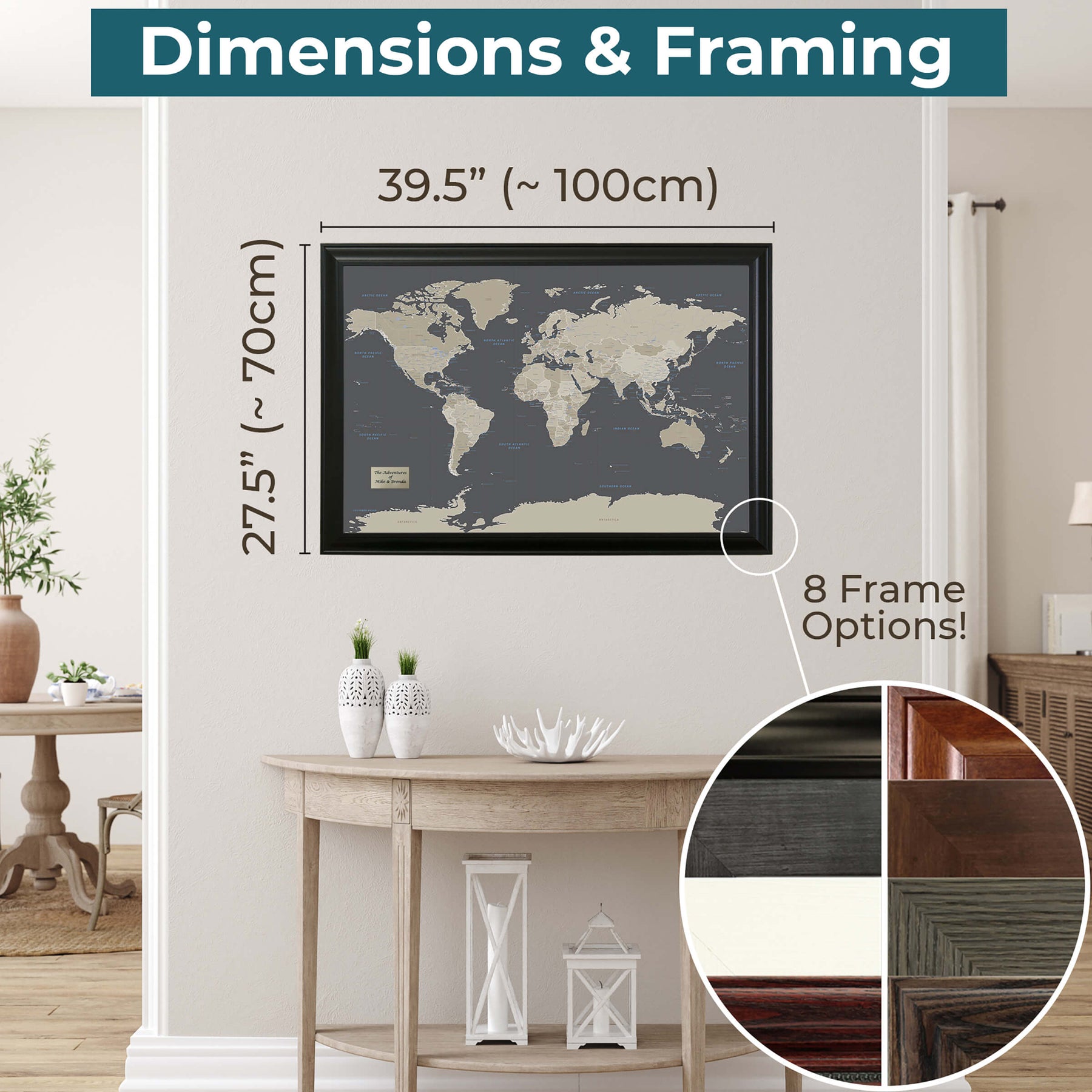 Earth Toned World Map | World Map in Frame | Push Pin Travel Maps