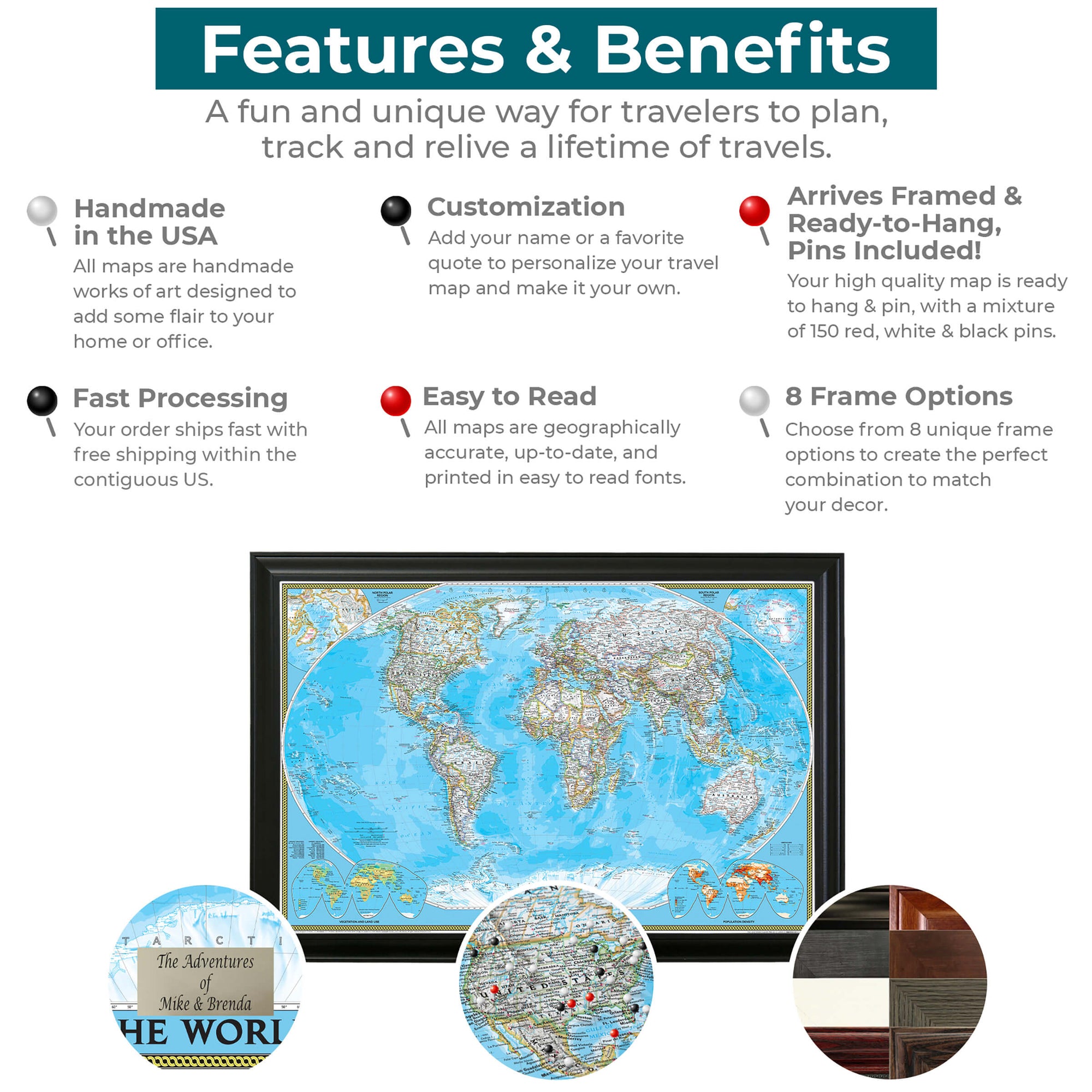 Classic World Map with Pins | Classic Wall Map | Pin Map of the World ...