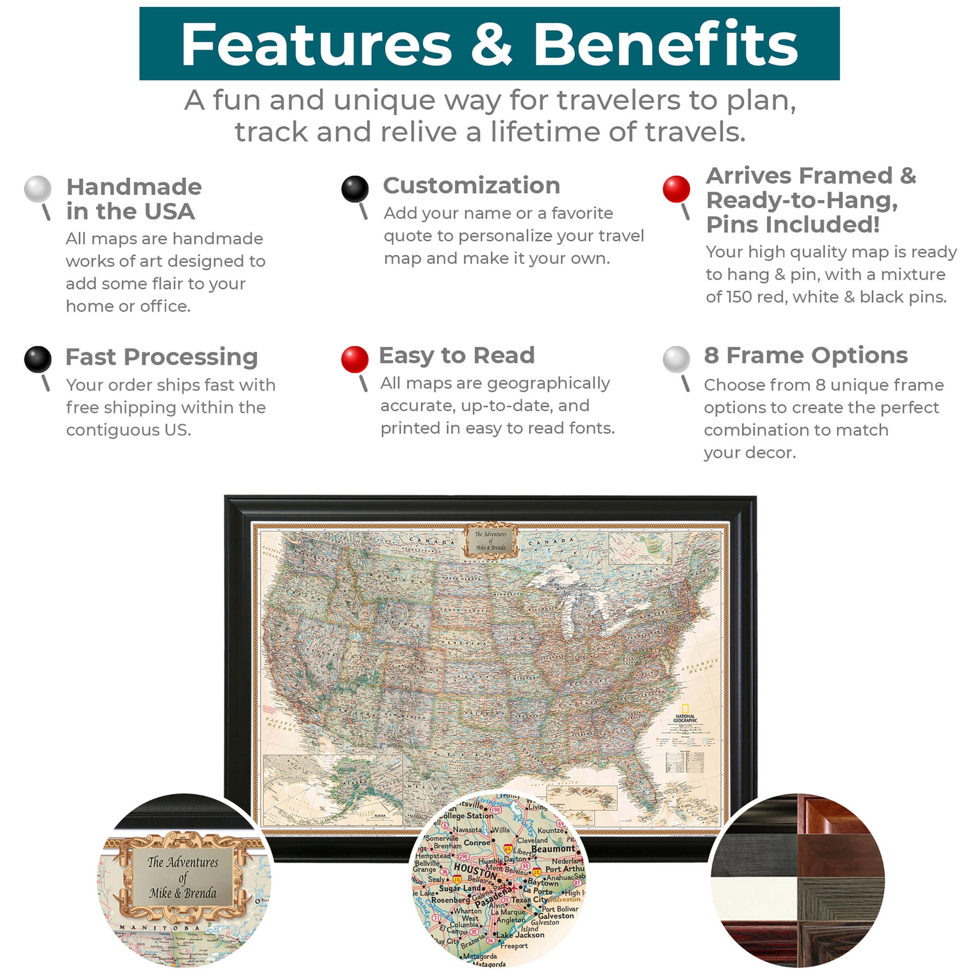 USA Executive Map | National Geographic United States Map – Push Pin ...