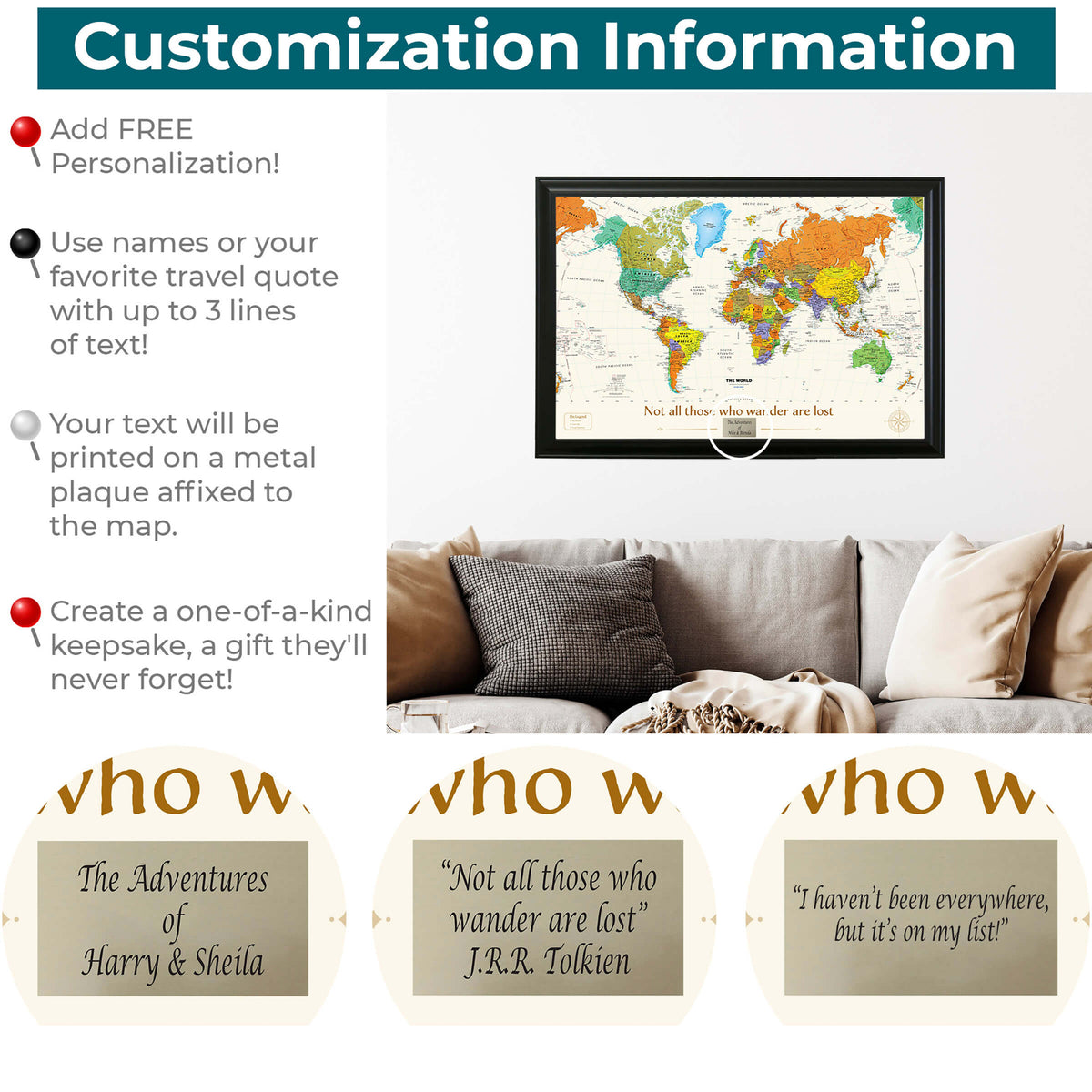 Framed Contemporary Style World Map | Modern Push Pin Travel Map – Push ...