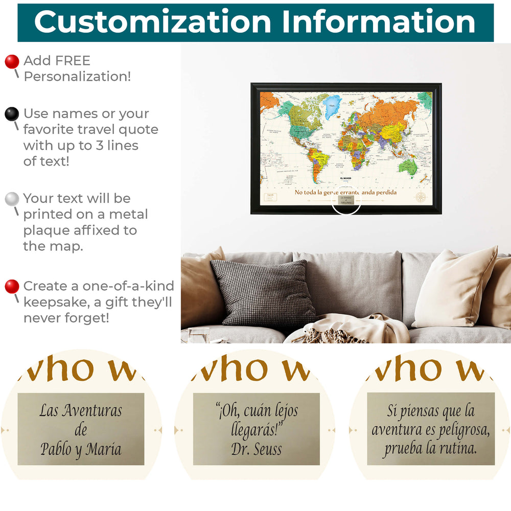 Framed SPANISH LANGUAGE World Map | World Travel Pin Map in Spanish ...