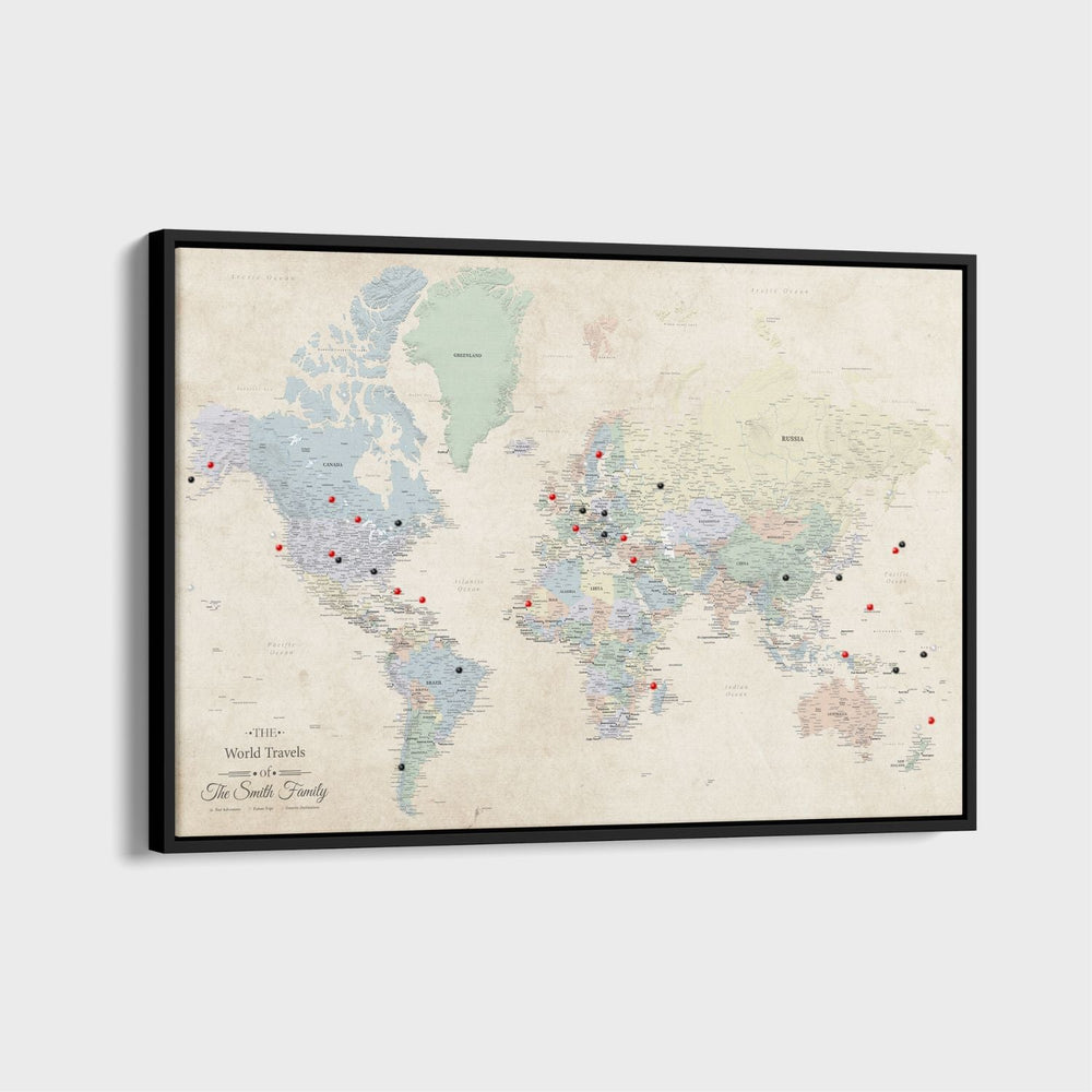 Canvas Sandy Dreams Pinboard Map | Framed World Wall Map with Pins ...