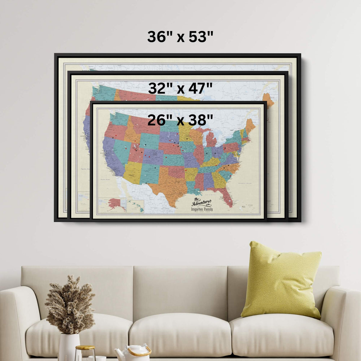 Tan US Travel Map | Framed USA Map | Push Pin Travel Maps