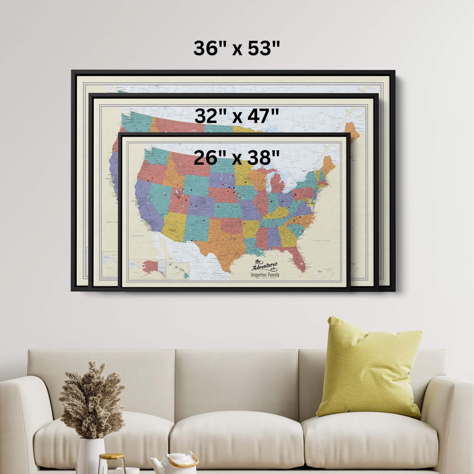 Tan US Travel Map | Framed USA Map | Push Pin Travel Maps