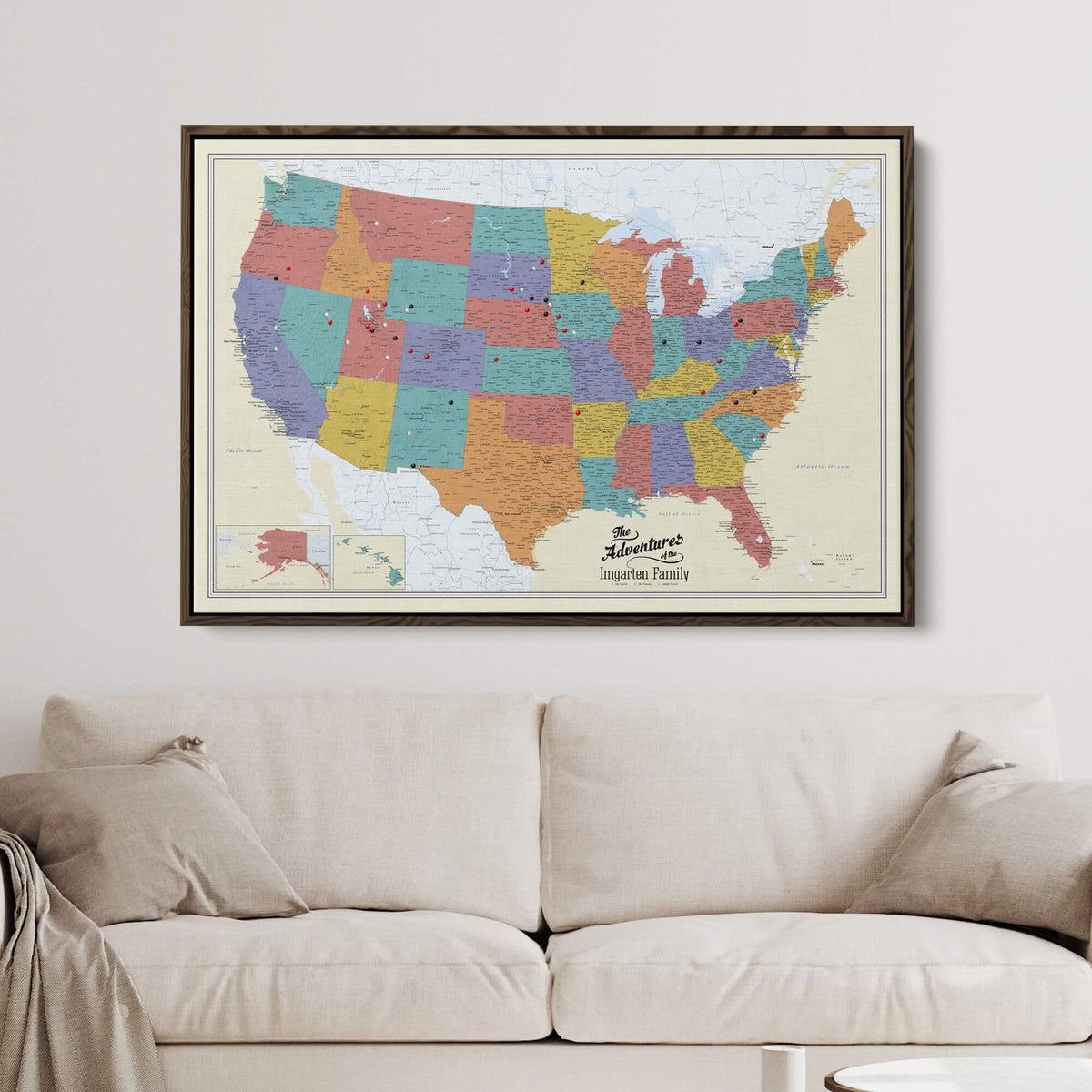 Tan US Travel Map | Framed USA Map | Push Pin Travel Maps