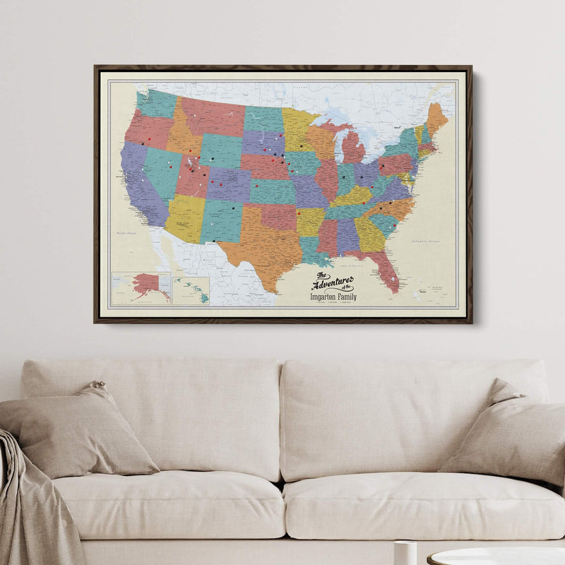 Tan US Travel Map | Framed USA Map | Push Pin Travel Maps