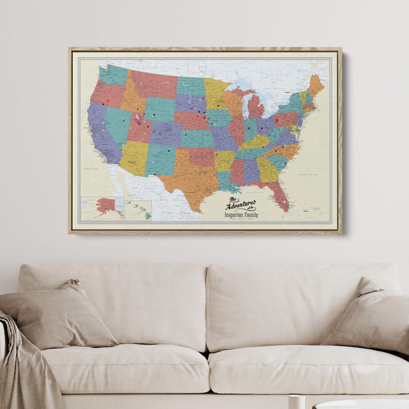 Tan US Travel Map | Framed USA Map | Push Pin Travel Maps