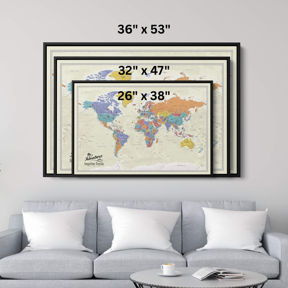 Canvas Tan World Map | Framed Canvas Map | Push Pin Travel Maps