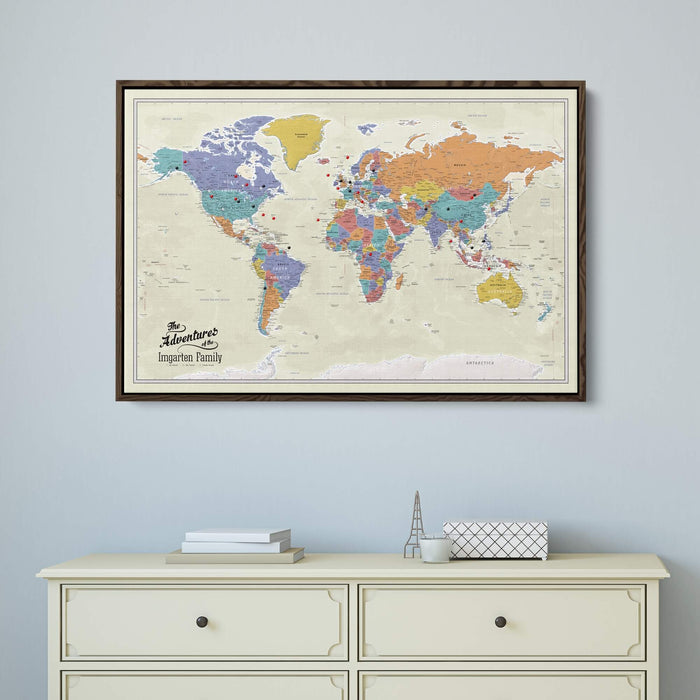 Canvas Tan World Map | Framed Canvas Map | Push Pin Travel Maps