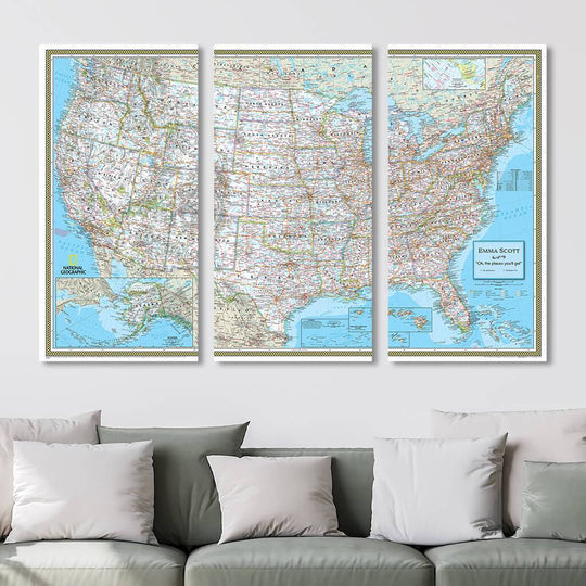 Large Three-Panel Maps | Unique Wall Maps | Push Pin Travel Maps