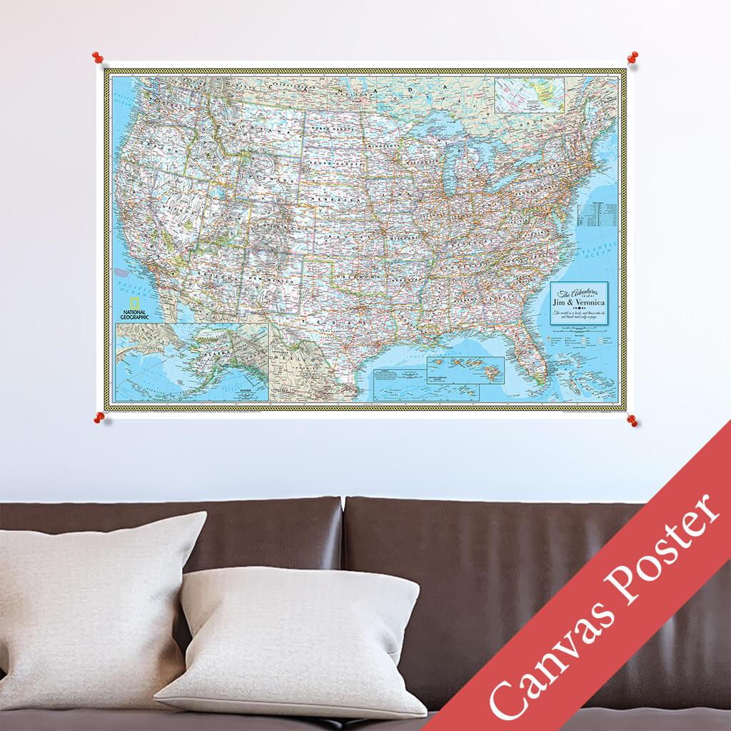 Classic USA Map Poster | Detailed Map Poster on Canvas | Push Pin ...