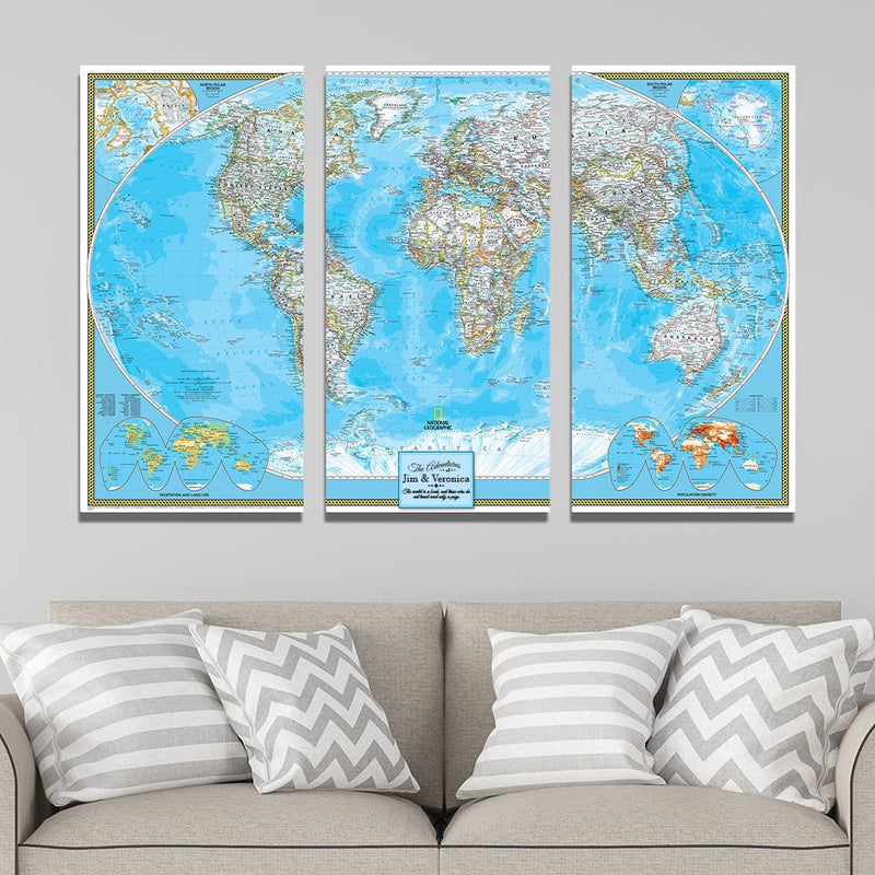 3-Panel World Map | Large Canvas Travel Map | Push Pin Travel Maps