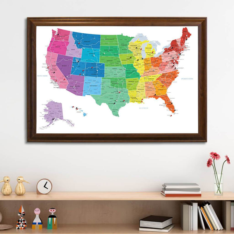 Colorful United States Map | Framed USA Map with Pins – Push Pin Travel ...