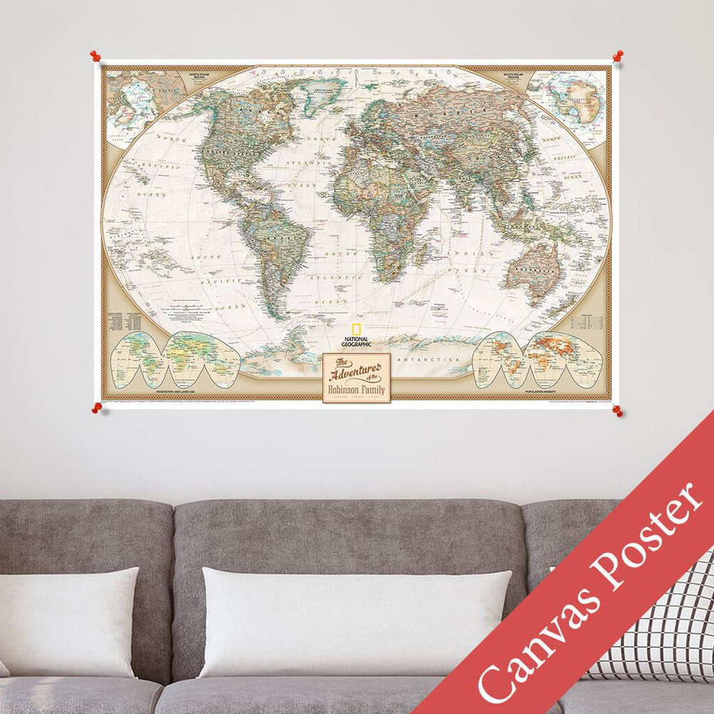 Executive Map Poster | Unframed Canvas Map | Push Pin Travel Maps