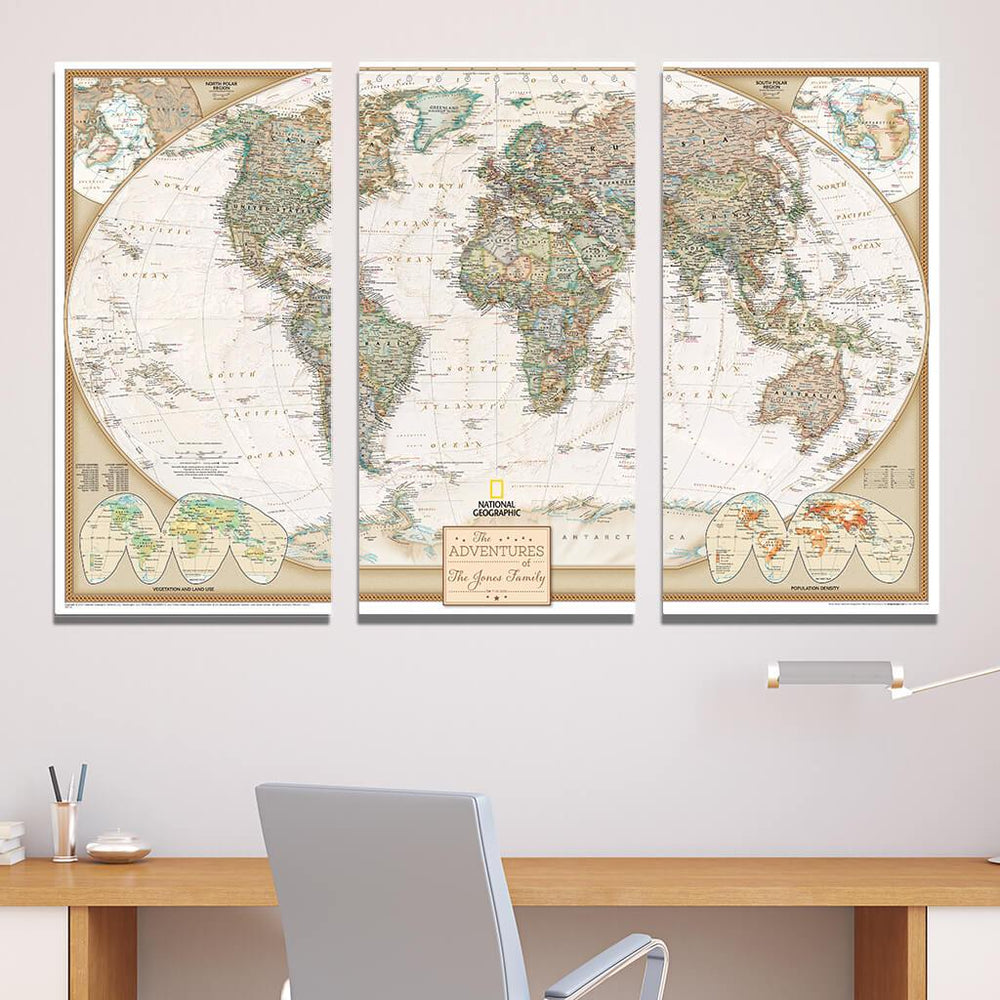 3-Panel Executive World Map | Large Canvas Wall Map – Push Pin Travel Maps