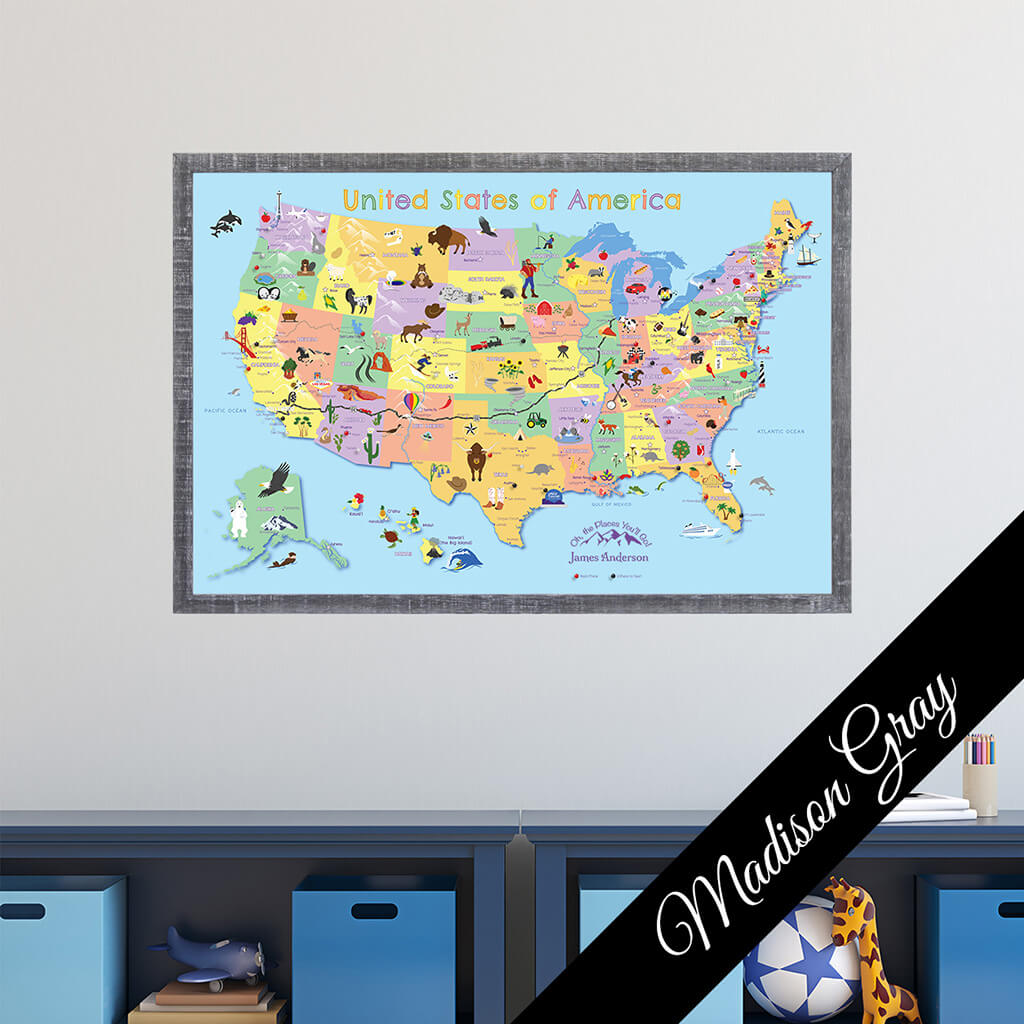 Framed USA Map for Kids | Kids Travel Map - Canvas - Push Pin Travel Maps