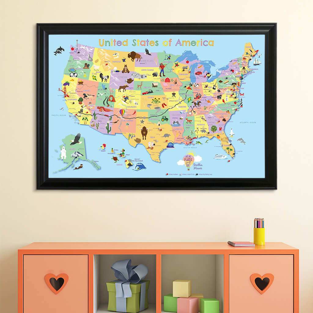 Framed USA Map for Kids | Kids Travel Map - Canvas - Push Pin Travel Maps