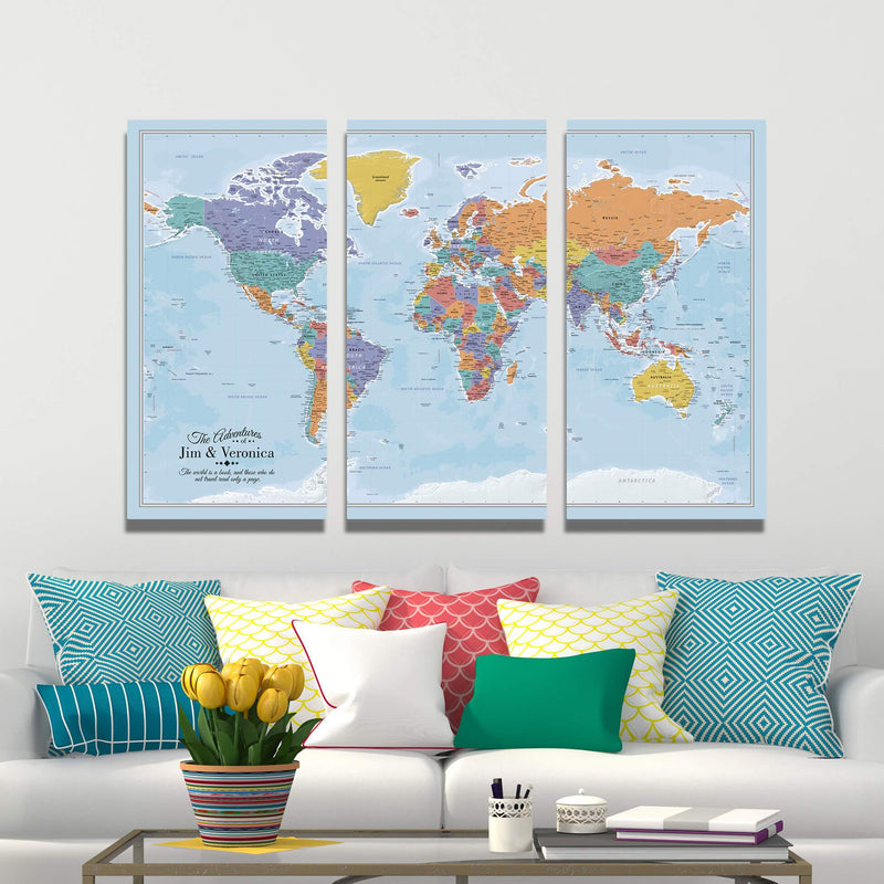 3-Panel World Map | Large Canvas Travel Map | Push Pin Travel Maps