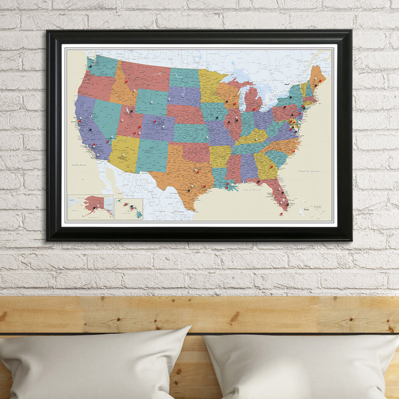 Tan US Travel Map | Framed USA Map | Push Pin Travel Maps