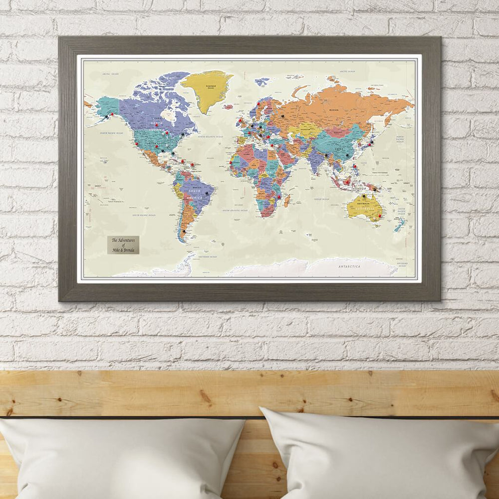 Tan Oceans World Map | Travel Destination Map with Pins | World Travel ...