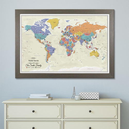 Canvas Tan World Map | Framed Canvas Map | Push Pin Travel Maps