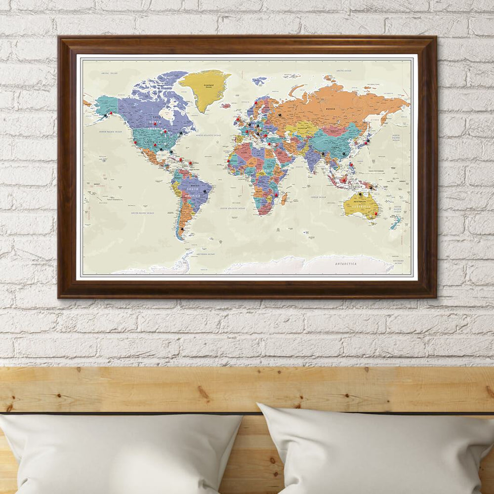 Tan Oceans World Map | Travel Destination Map with Pins | World Travel ...