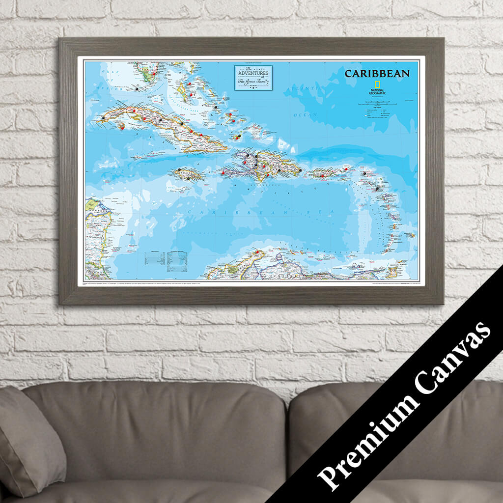 Canvas Map of The Caribbean | Caribbean Wall Map with Pins | Caribbean ...