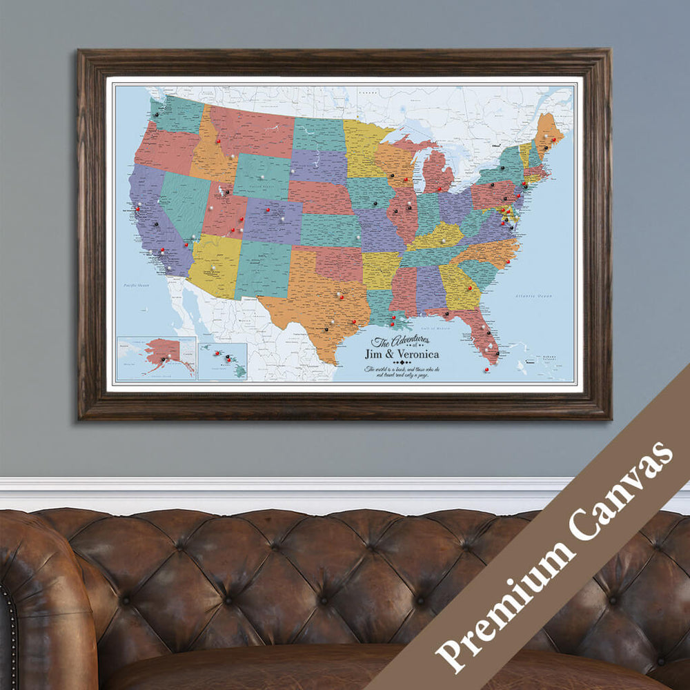 Blue Oceans Canvas Travel Map | USA Map with Pins – Push Pin Travel Maps