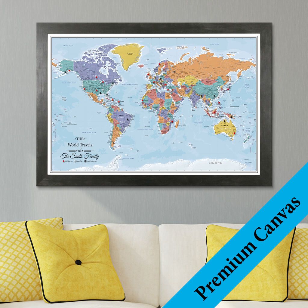 Canvas Blue Oceans Map | Framed World Wall Map with Pins - Push Pin ...