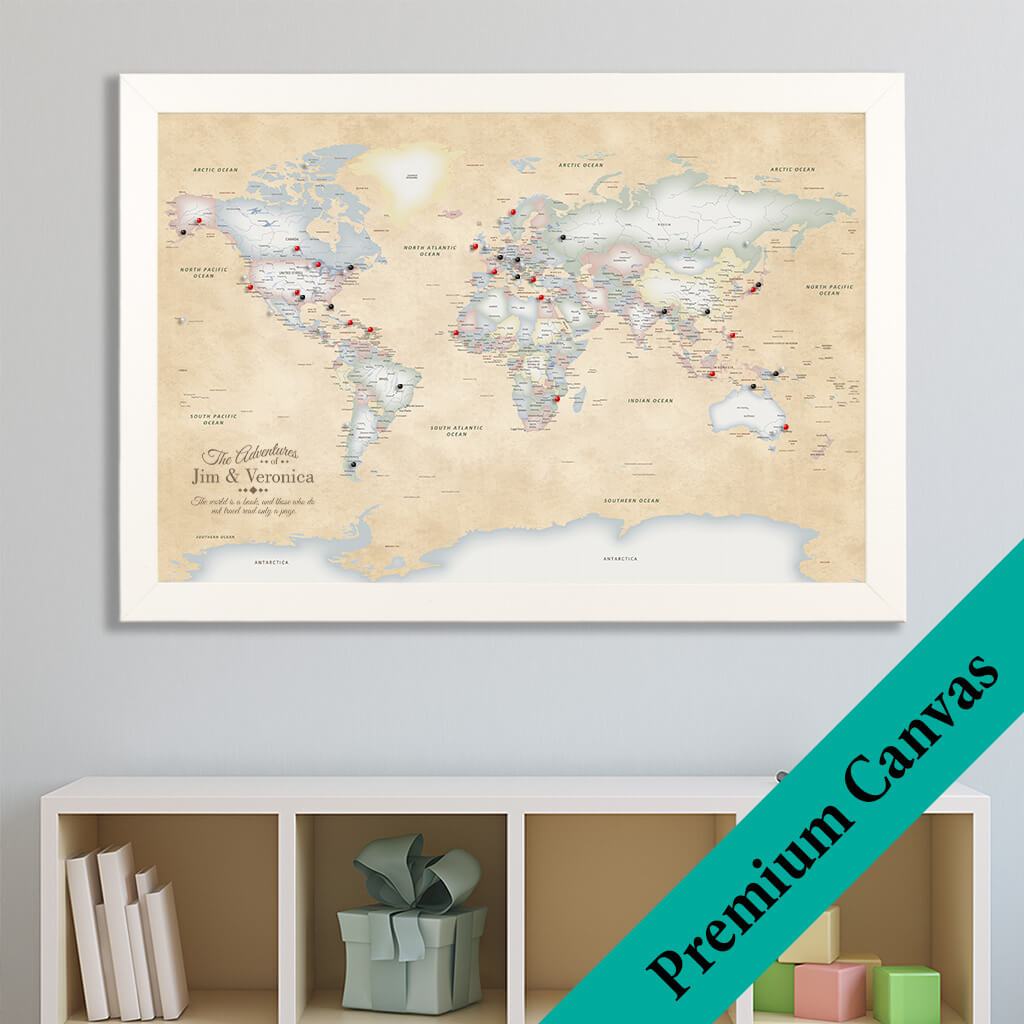 Perfectly Pastel Map of the World | Large World Map Canvas - Push Pin ...