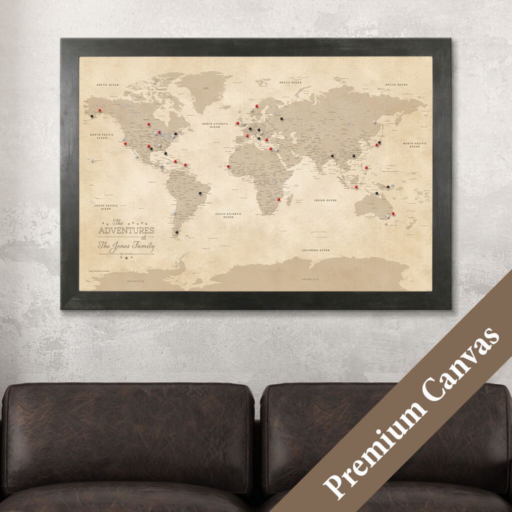 Old Style Map | Vintage World Travel Map with Frame - Push Pin Travel Maps