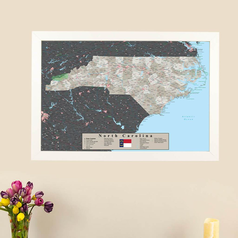Travel Map of North Carolina | Framed Wall Map of North Carolina – Push ...