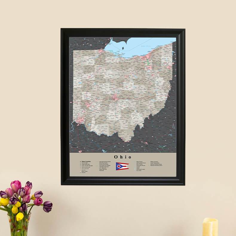Framed Ohio Travel Map | Wall Map of Ohio | Push Pin Travel Maps