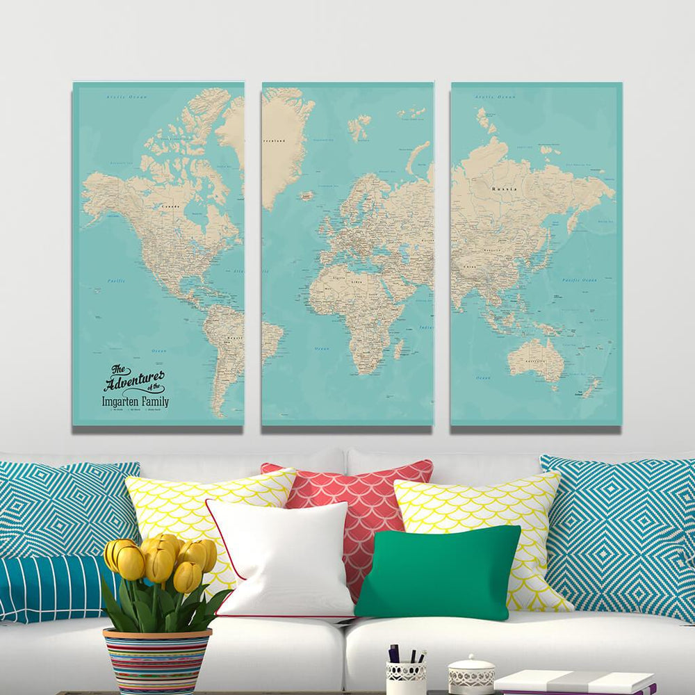 3-Panel Teal World Map | Interactive World Travel Map with Pins – Push ...