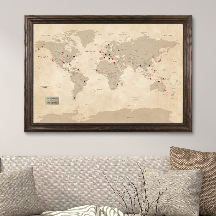 Framed and Personalized World Travel Maps with Pins | Push Pin Maps ...