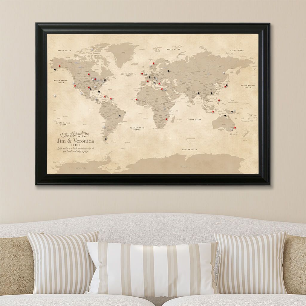 Old Style Map | Vintage World Travel Map with Frame - Push Pin Travel Maps