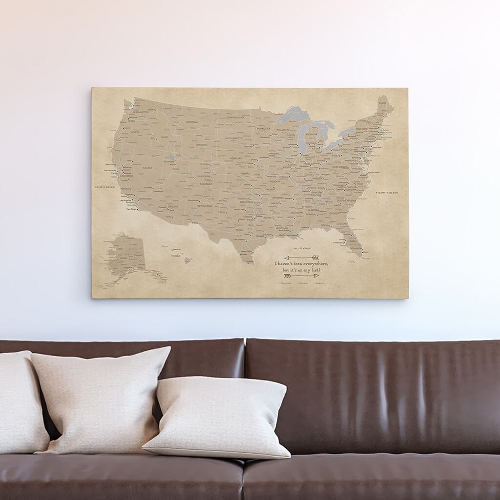 Gallery Wrapped Canvas Vintage Map | United States Pin Map - Push Pin ...