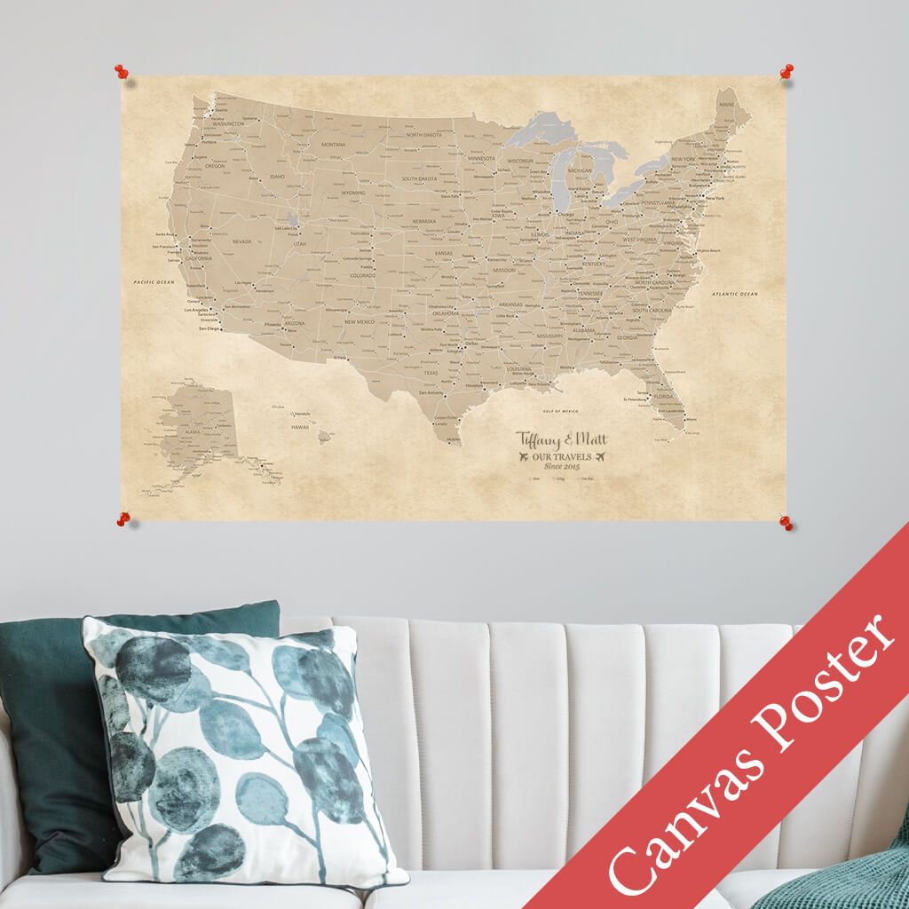 Vintage USA Map Poster | Interactive Map Poster - Push Pin Travel Maps